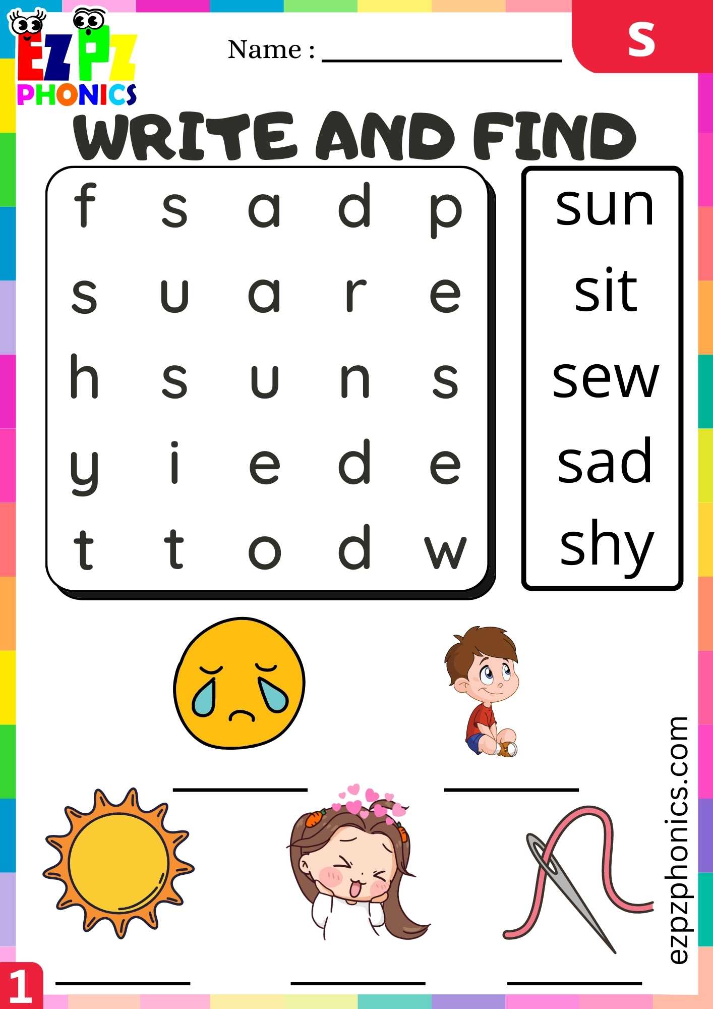Letter S Write And Find Beginning Sounds Worksheet - ezpzphonics.com